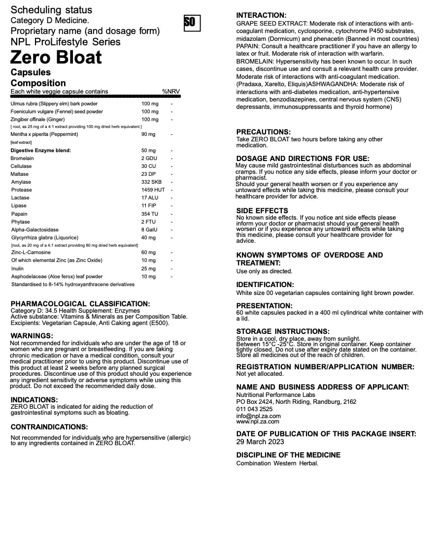 NPL - Zero Bloat - 60 Capsules – onelifehealth